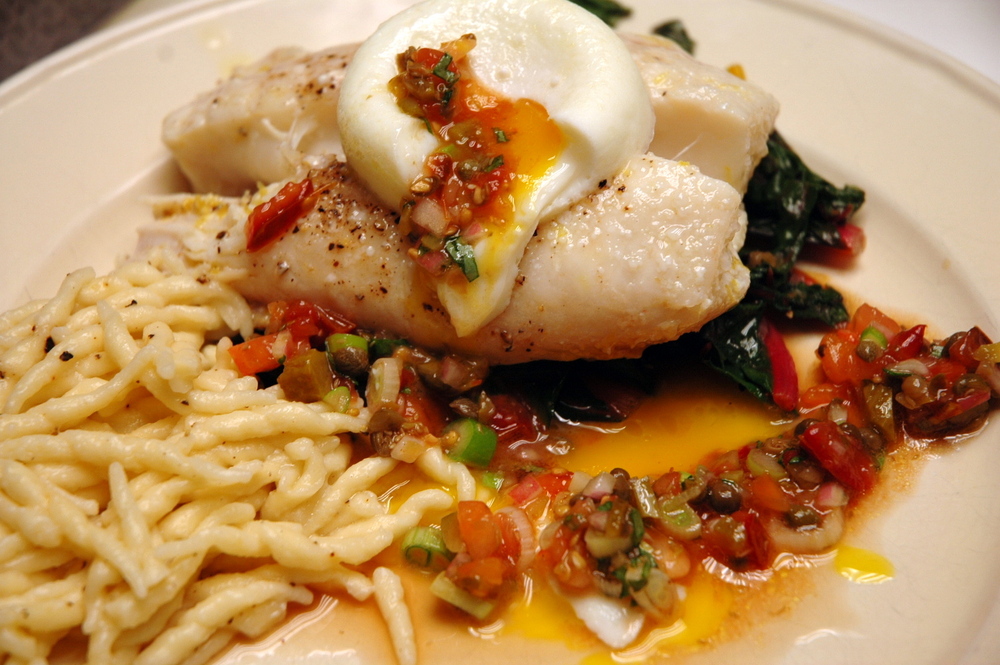 Oil Poached Halibut with Gribiche and Poached Eggs - Chloe Polemis